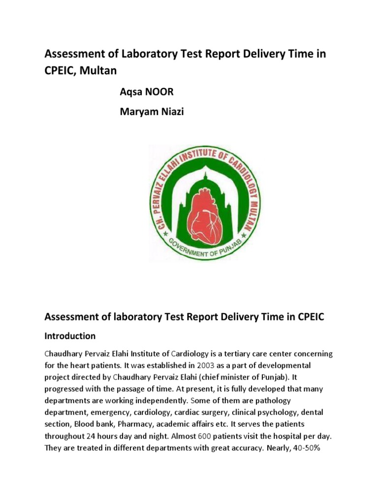 Assessment of Laboratory Test Report Delivery Time in CPEIC, Multan ...