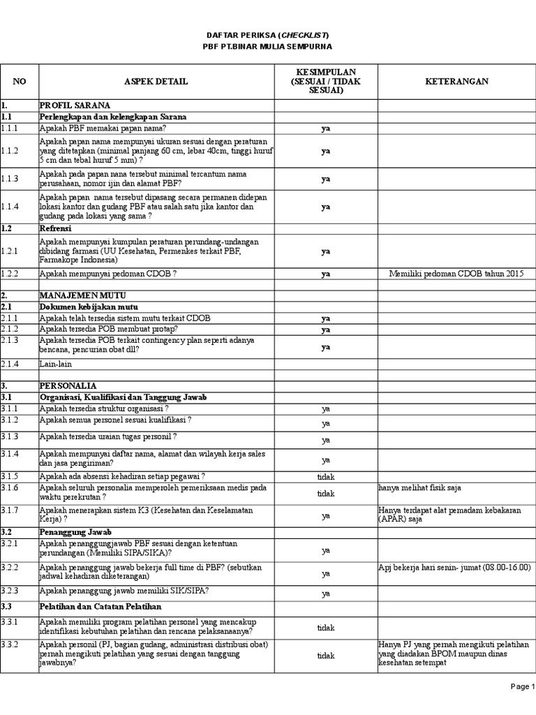Inpeksi Diri Ceklist Pemeriksaan CDOB Balai POM | PDF