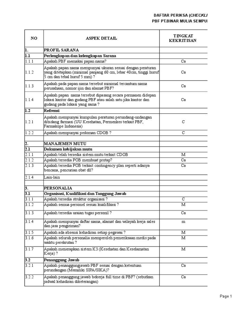 Inpeksi Diri CDOB PBF BMS | PDF