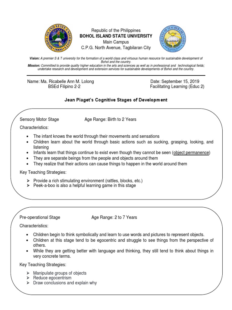 Jean Piaget's Cognitive Stages of Development: Bohol Island State ...