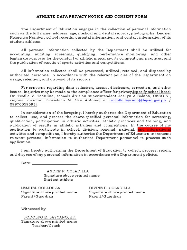 Athlete Data Privacy Notice and Consent Form: Rodolfo - Laycano@deped ...