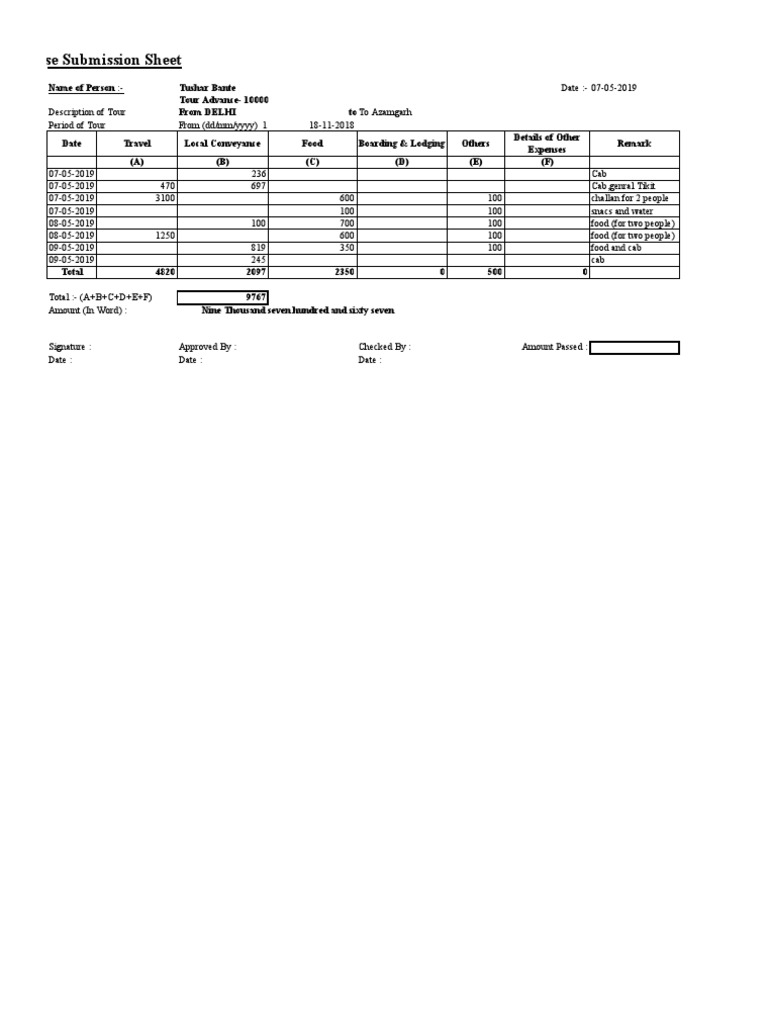 Tour Expense Submission Sheet | PDF