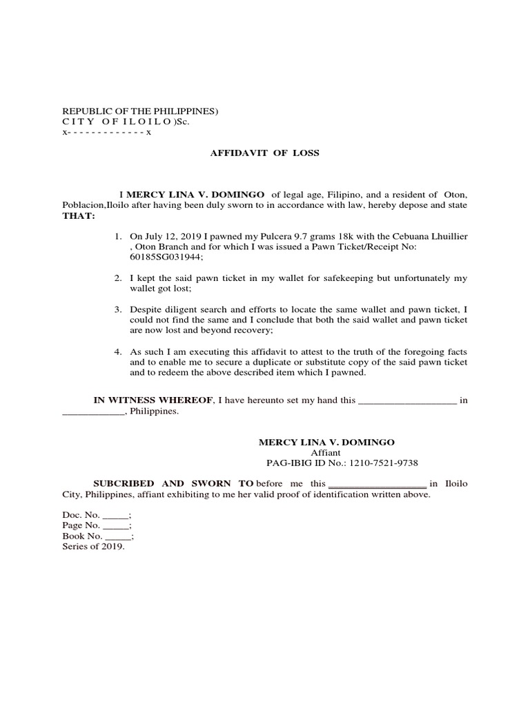 Affidavit of Loss of Pawn Ticket | PDF