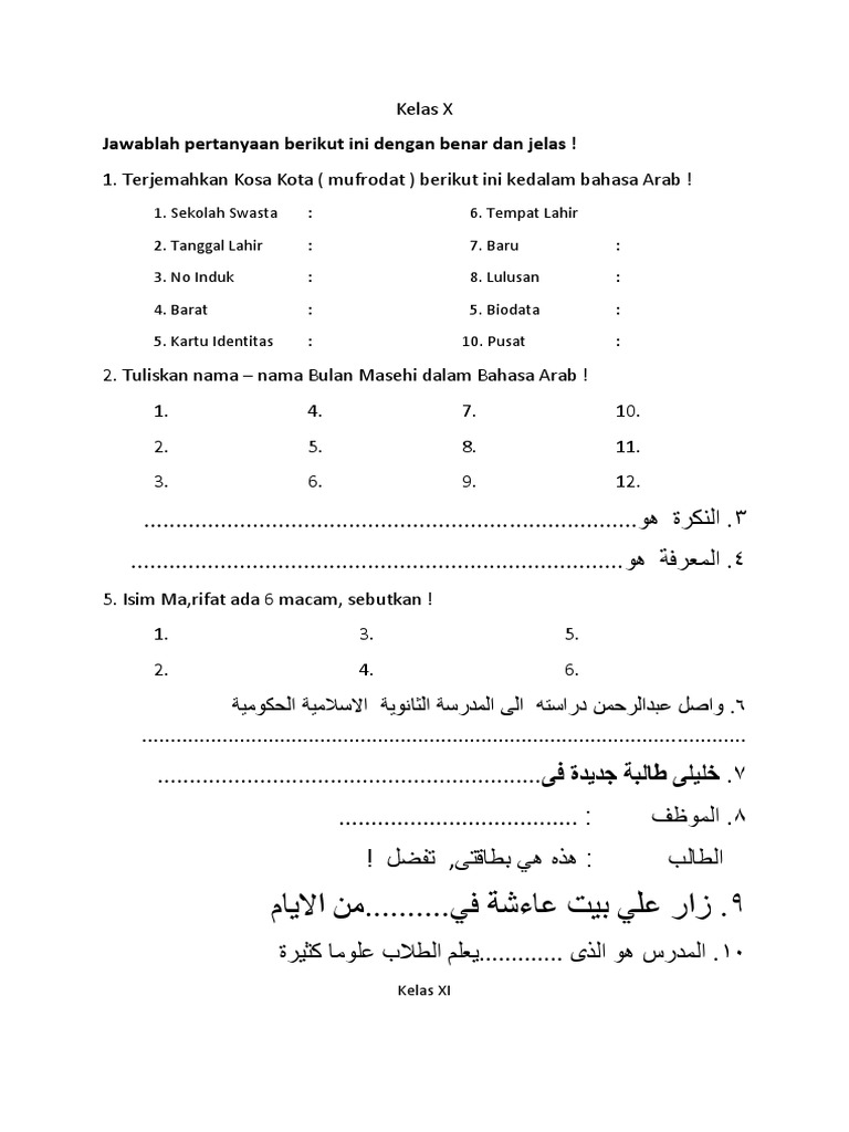 Soal PTS Bahasa Arab Kelas X - XII | PDF