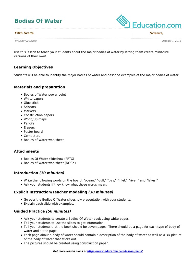 Bodies of Water: Learning Objectives | PDF | Lesson Plan | Pedagogy