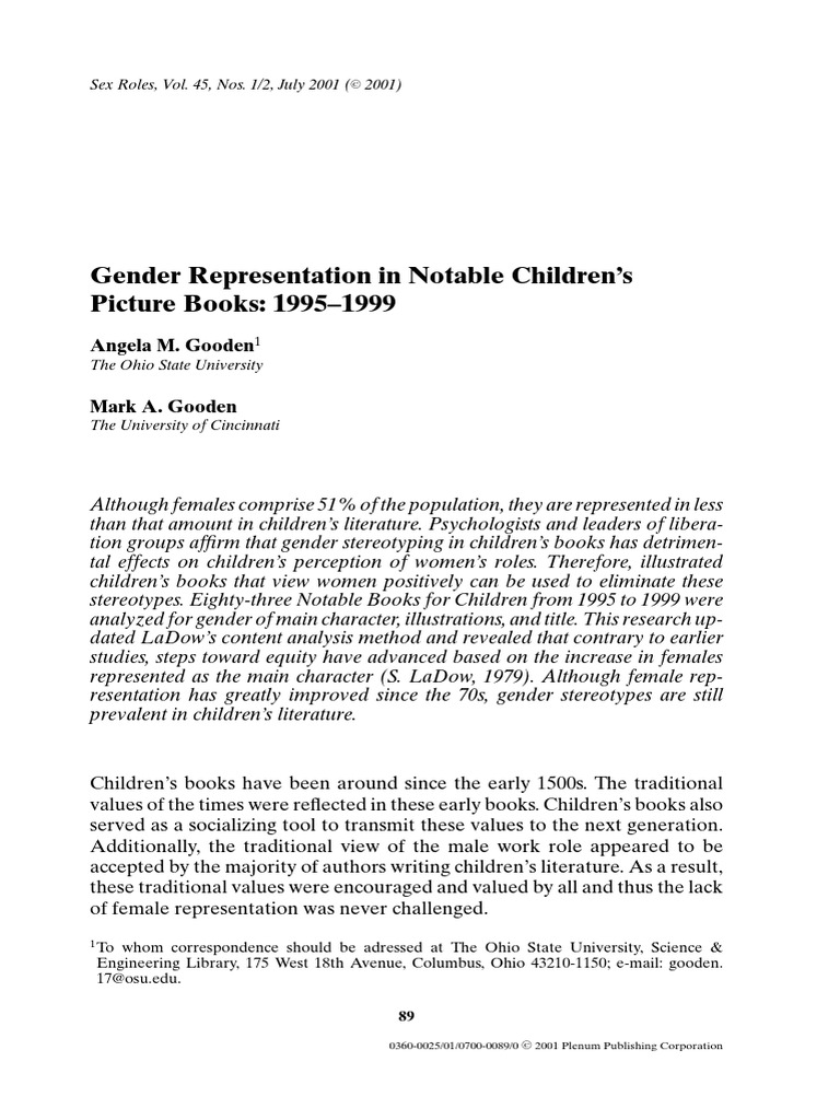 Gender Representation in Notable Children's Picture Books: 1995-1999 ...