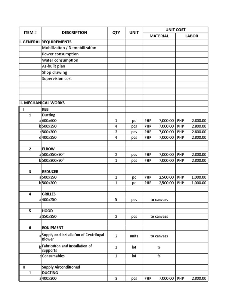 Mechanical Works Cost Breakdown | PDF | Personal Computers | Equipment