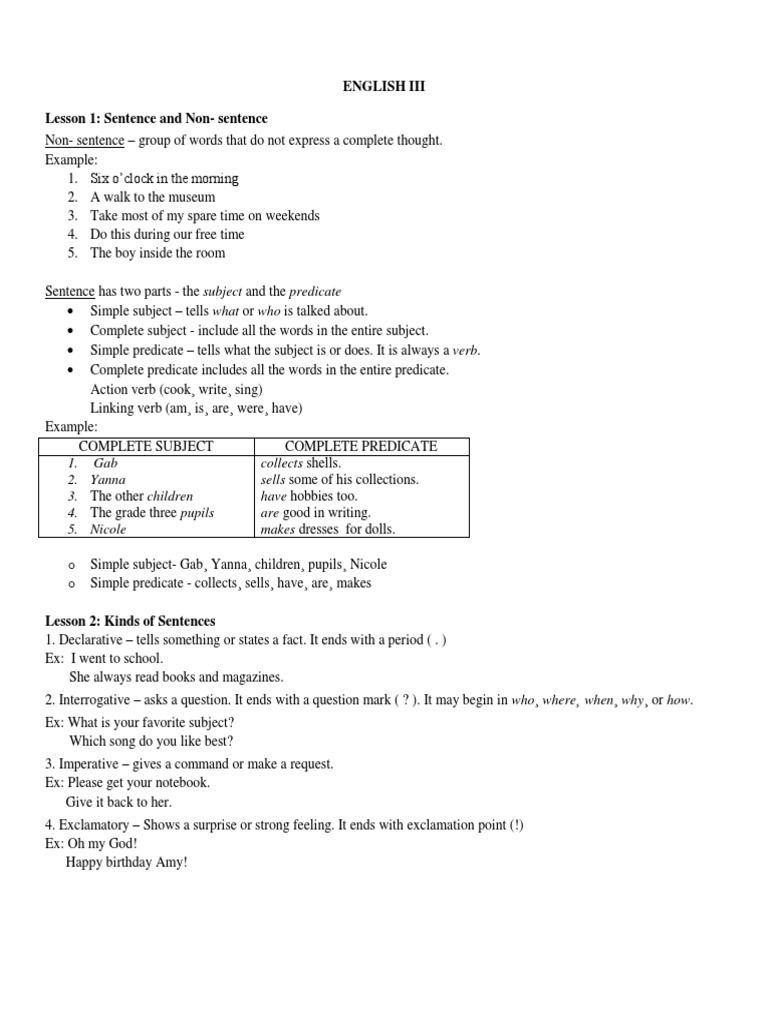 English III Lesson 1: Sentence and Non-Sentence | PDF | Liquids | Matter