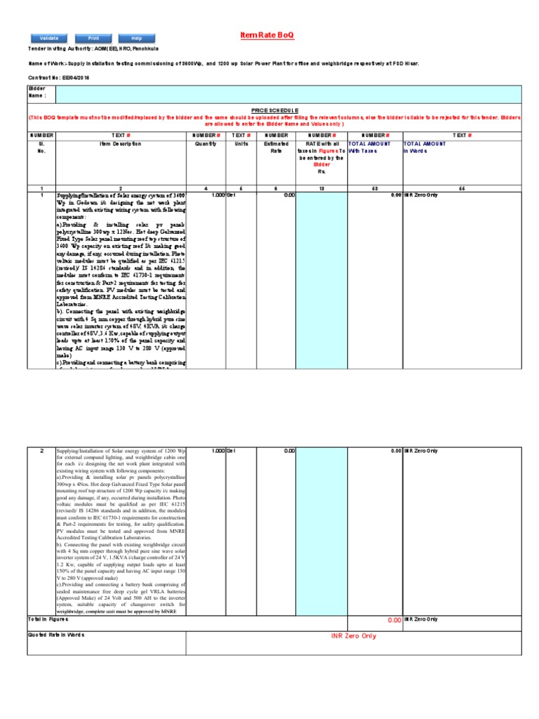 Item Rate Boq: Validate Print Help | Download Free PDF | Solar Panel | Power Inverter