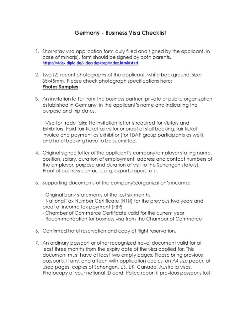 Germany Business Visa - Checklist | PDF | Travel Visa | Passport