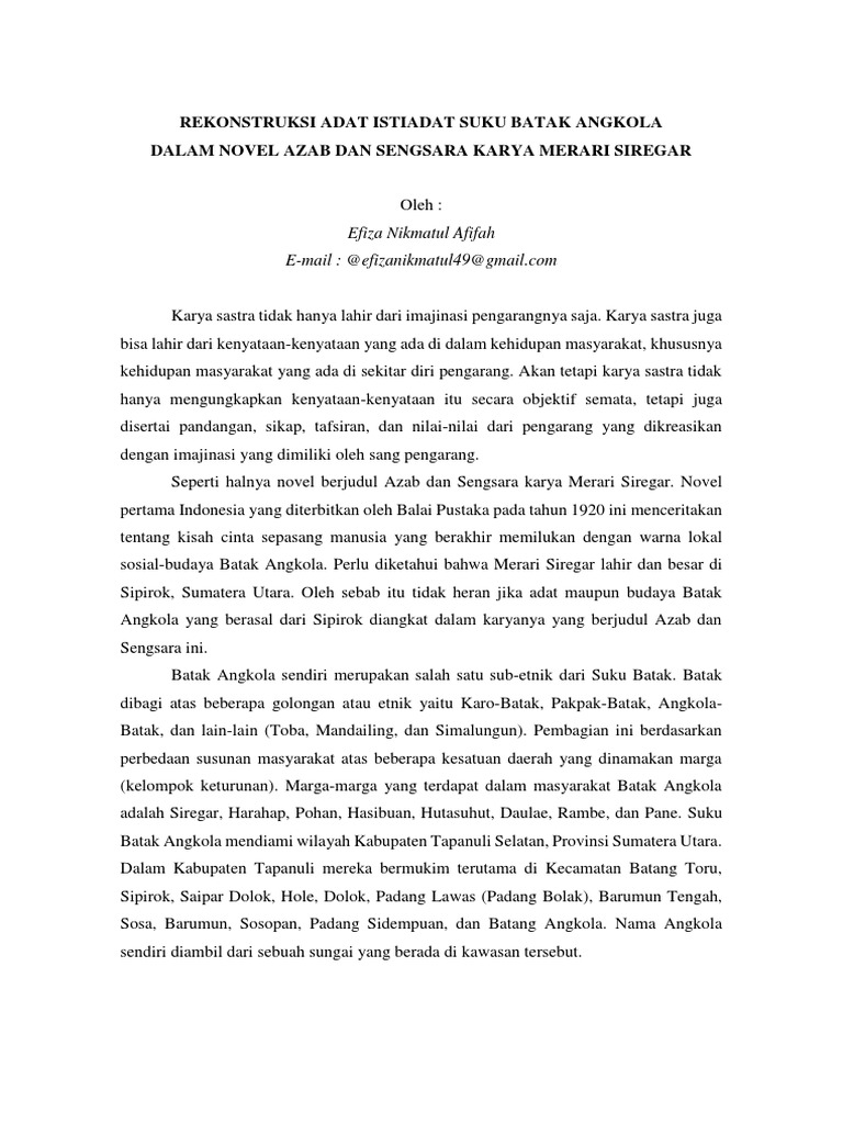 Rekonstruksi Adat Istiadat Suku Batak Angkola Dalam Novel Azab Dan ...