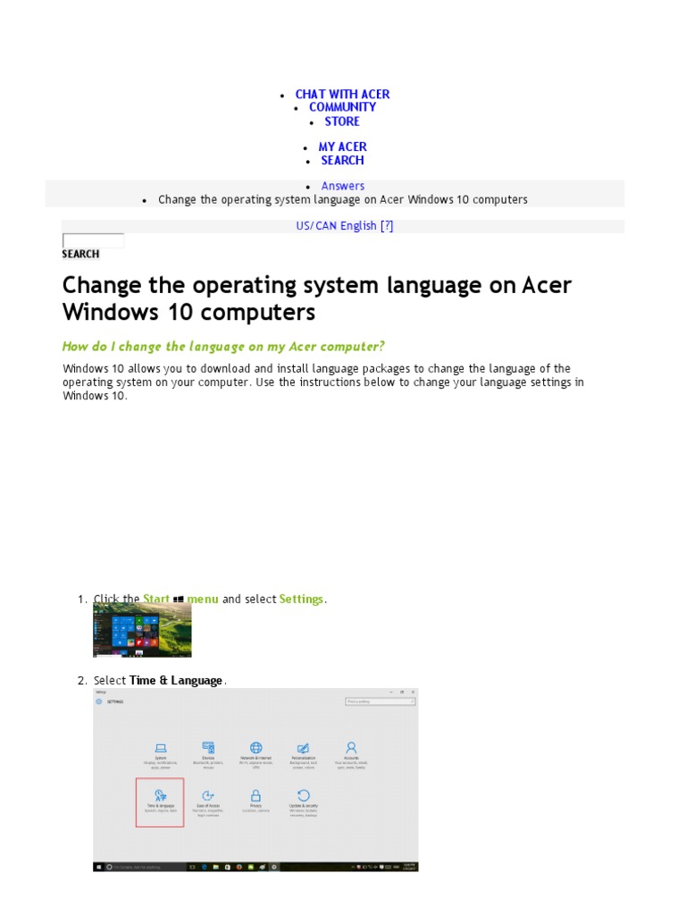Change The Operating System Language On Acer Windows 10 Computers | PDF