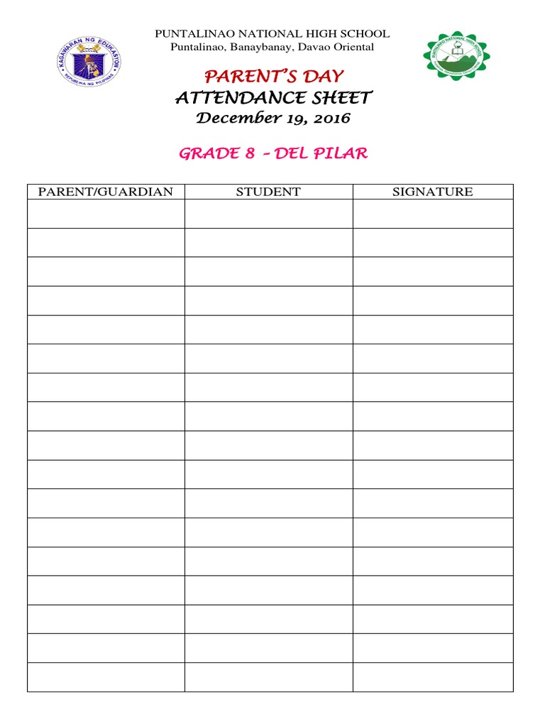 Attendance Sheet: Parent'S Day | PDF