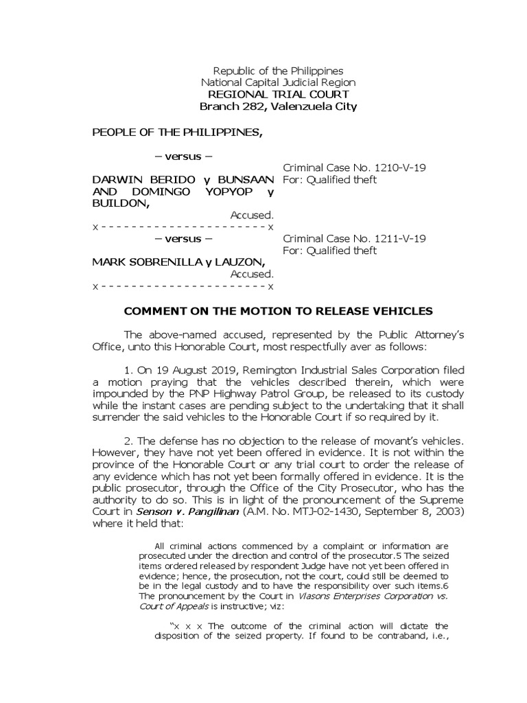 Comment On Motion To Release Vehicle Berido | PDF | Prosecutor | Criminal Justice