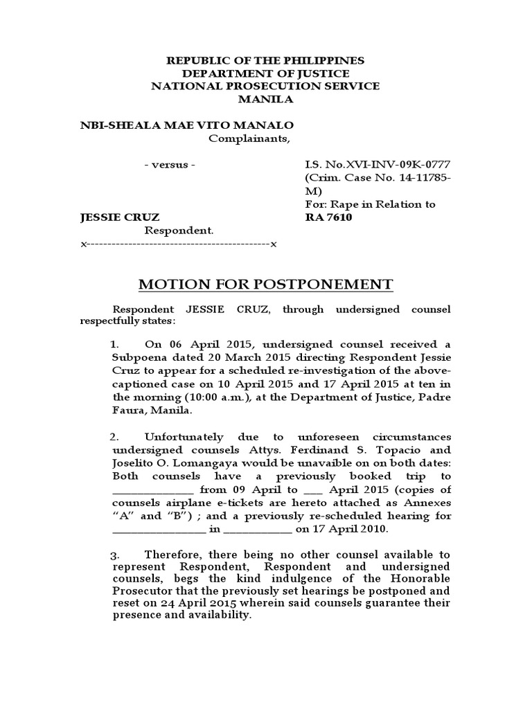 Motion For Postponement | PDF | Metro Manila | Social Institutions