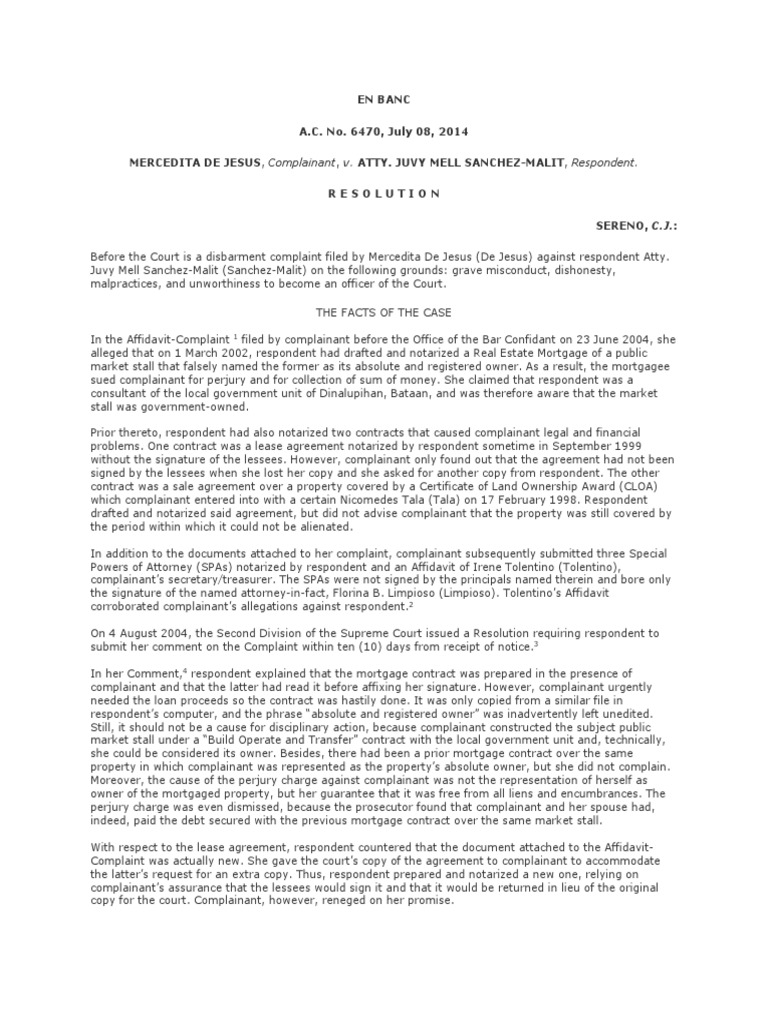 En Banc A.C. No. 6470, July 08, 2014 MERCEDITA DE JESUS, Complainant, v ...