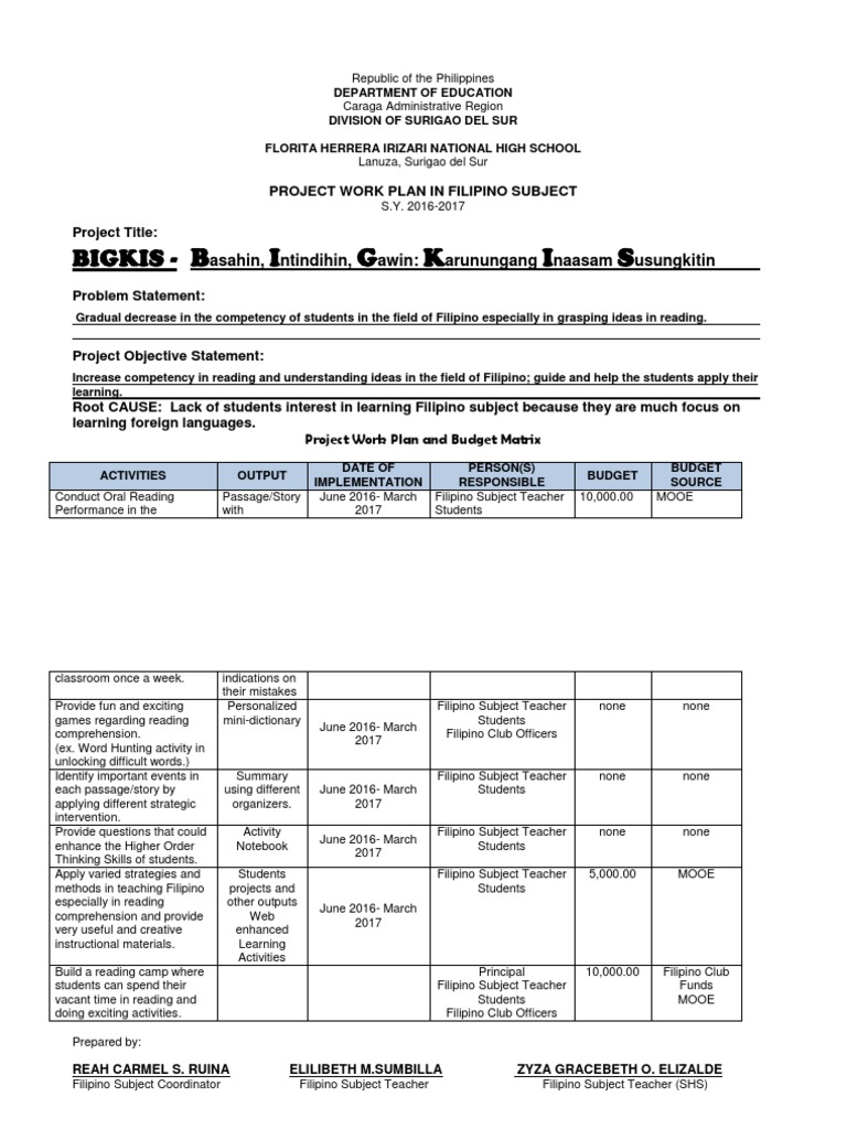 Project Work Plan Filipino | PDF | Reading Comprehension | Educational ...