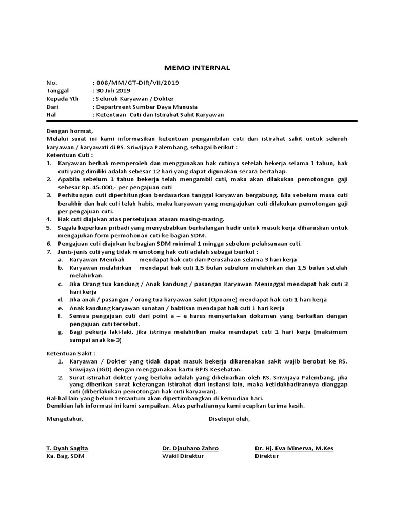 MEMO INTERNAL - Ketentuan Cuti Dan Sakit Karyawan | PDF