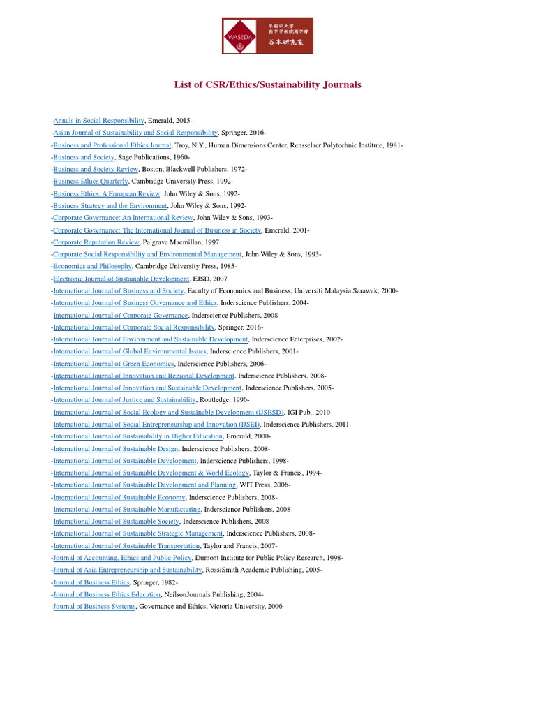 CSR Journal List | PDF | Sustainability | Corporate Social Responsibility
