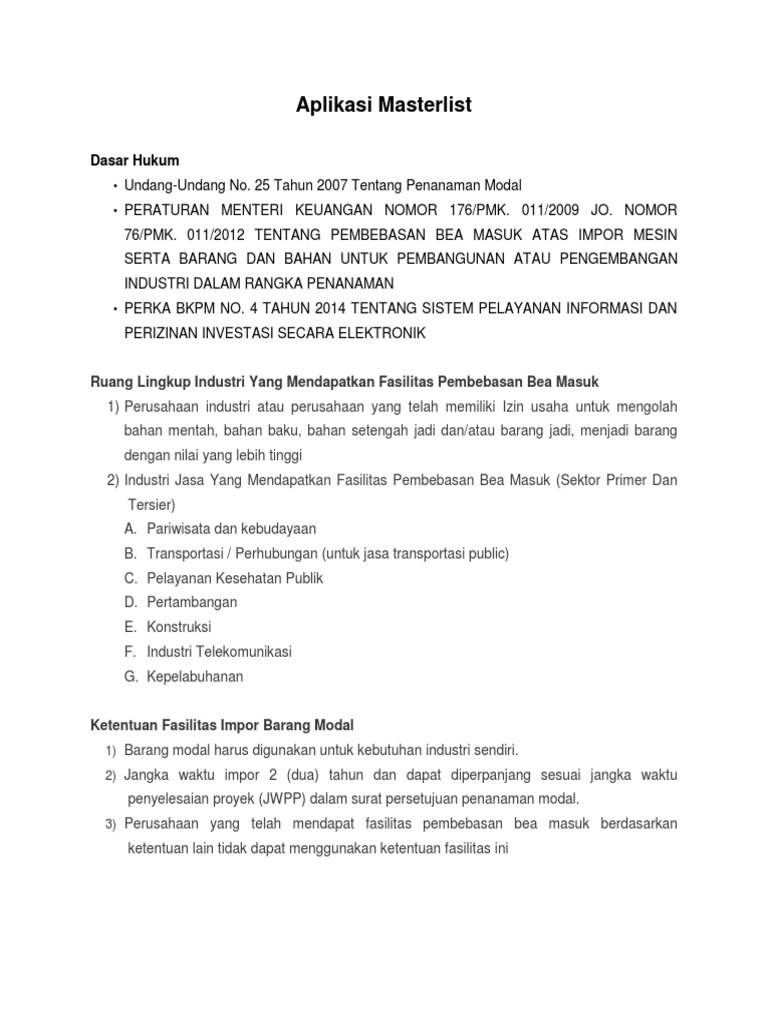 Panduan Aplikasi Masterlist BKPM | PDF