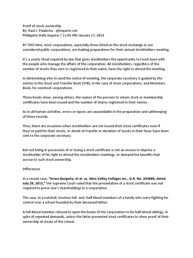 Proof of Stock Ownership | PDF | Stocks | Board Of Directors