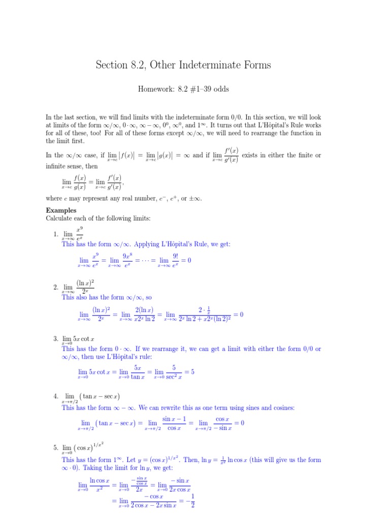 Section 8.2, Other Indeterminate Forms: Homework: 8.2 #1-39 Odds | PDF ...