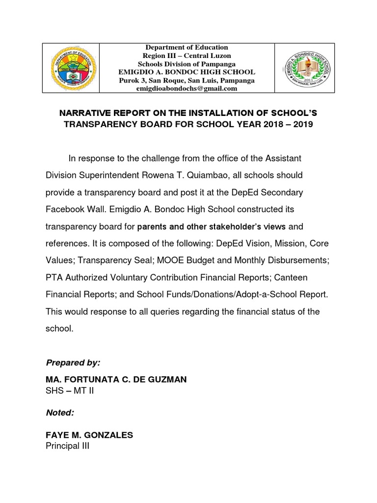 Narrative Report On The Installation of School'S Transparency Board For ...