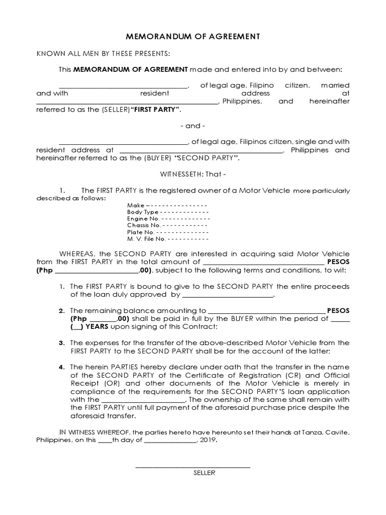 MOA Sale of Motor Vehicle | PDF | Common Law | Social Institutions