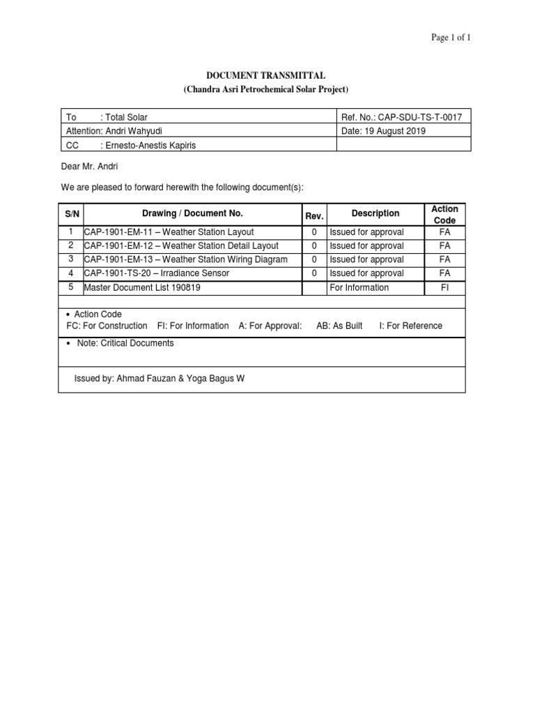 CAP SDU TS T 0017 Document Transmittal | PDF | Technology & Engineering