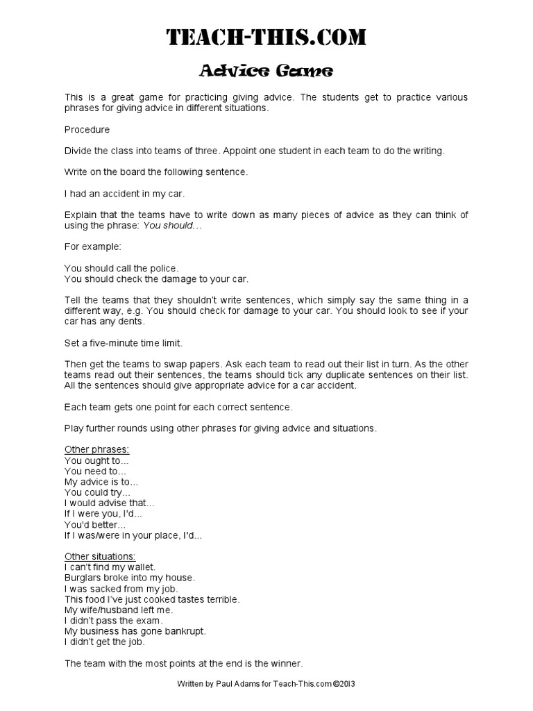 Grammar Practice - Modals - Advice Game | PDF