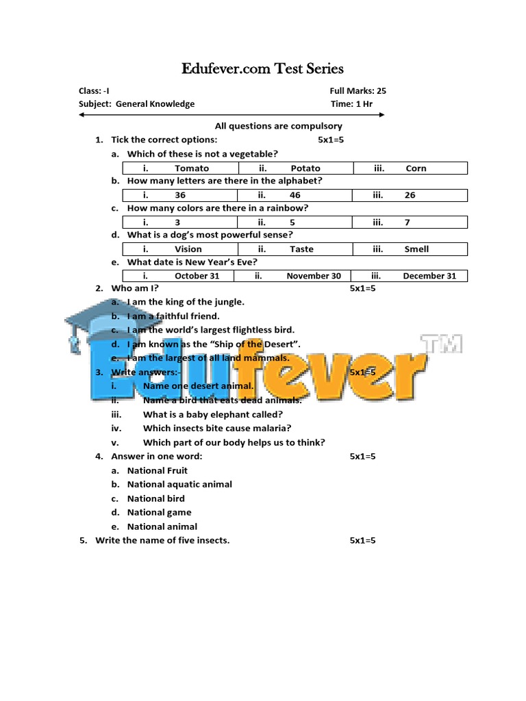 Class 1 GK 25 Marks | PDF | Language Arts & Discipline