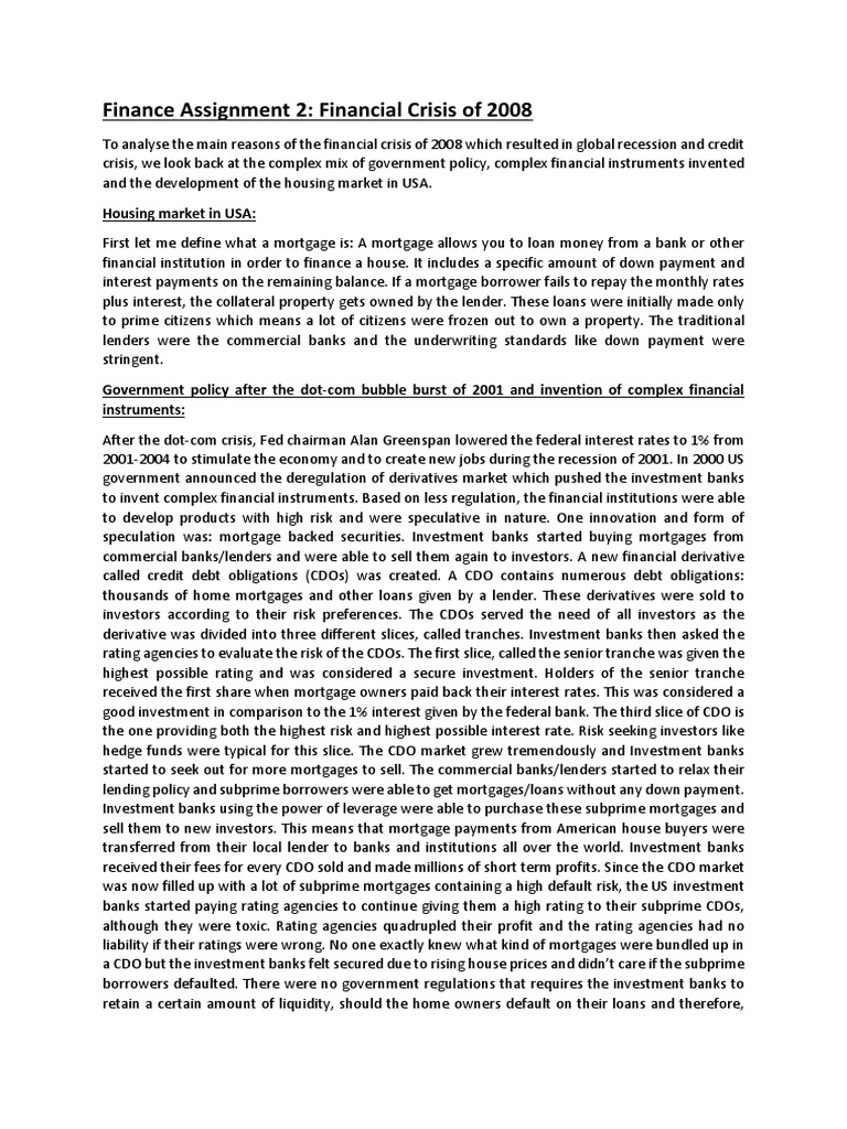 Finance Assignment 2: Financial Crisis of 2008: Housing Market in USA ...