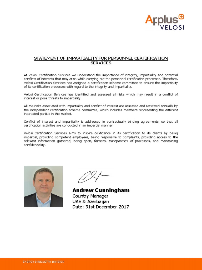 Velosi Certification Impartiality Statement | PDF