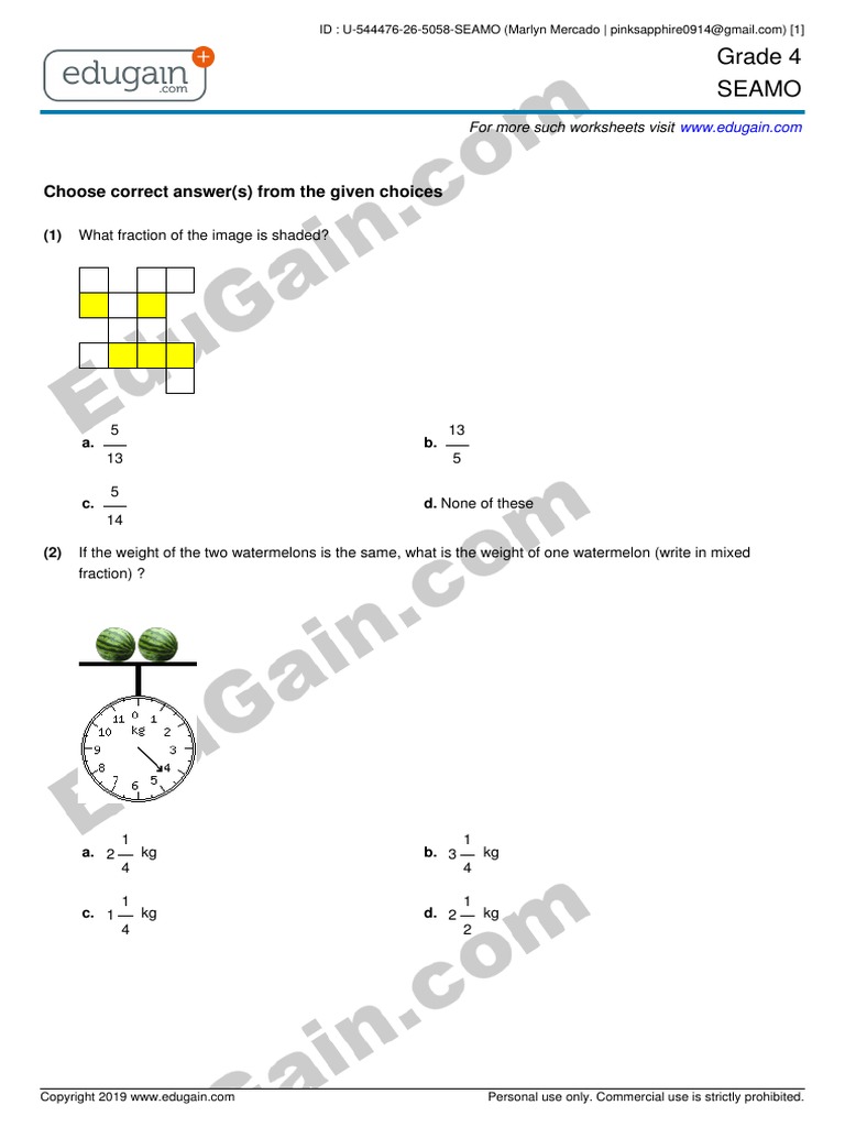 Grade 4 Olympiad From Edugain | PDF | Fraction (Mathematics) | Numbers