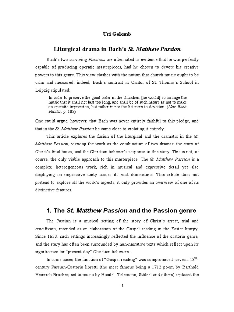 Liturgical Drama in Bach's St. Matthew Passion: Uri Golomb | PDF ...