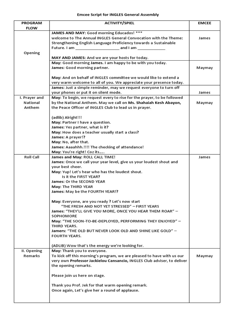 Emcee Script For INGLES General Assembly | PDF | Sports & Recreation ...