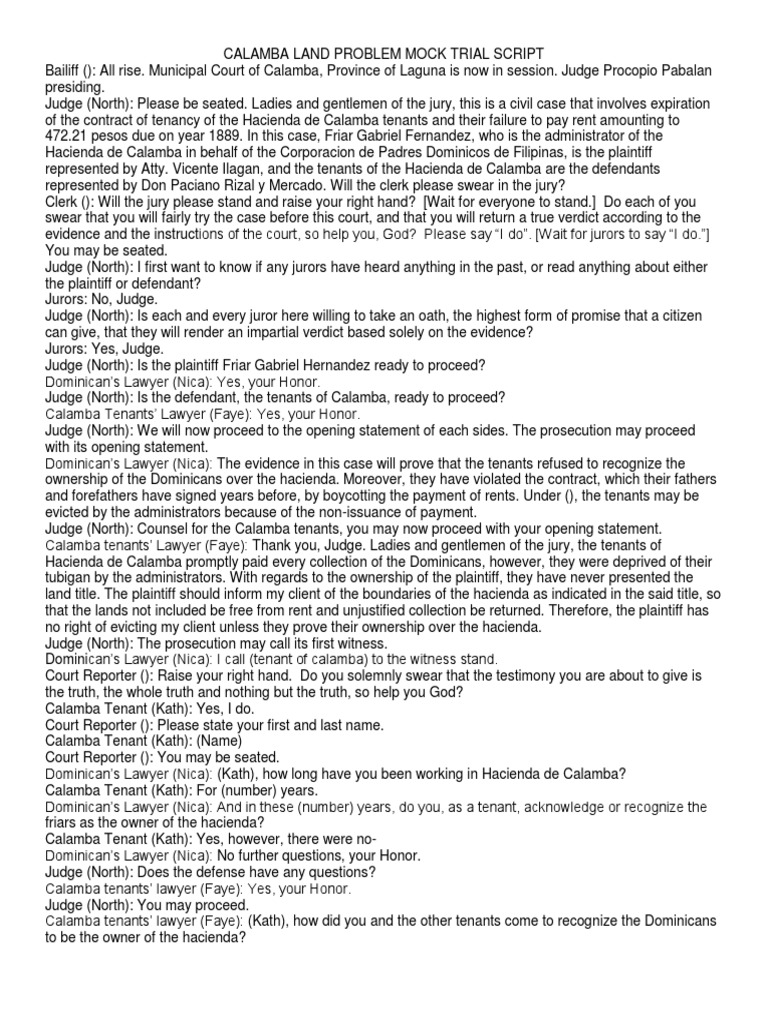 Calamba Land Problem Mock Trial Script | PDF | Leasehold Estate | Courtroom