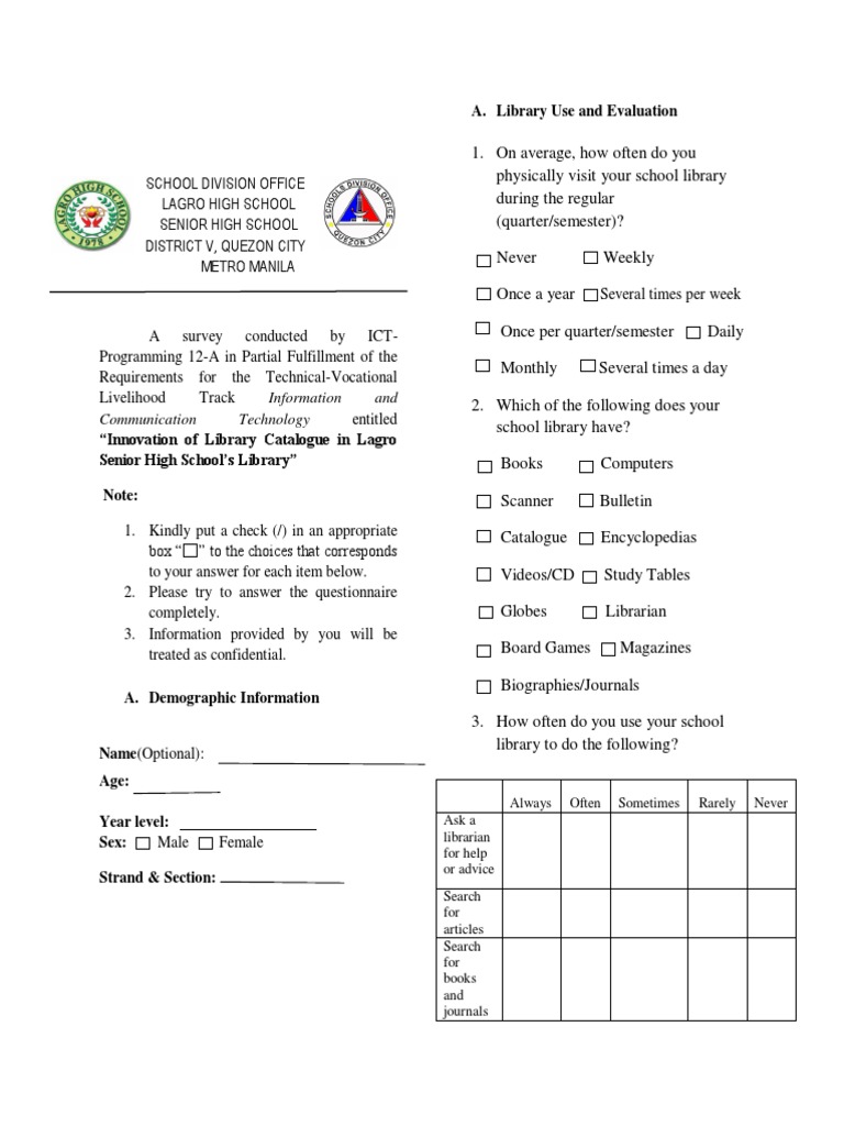Questionnaire 1 | PDF | Libraries | School Library