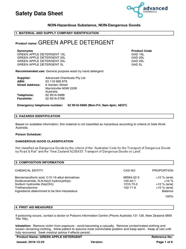 Green Apple Detergent: Safety Data Sheet | PDF | Dangerous Goods | Toxicity