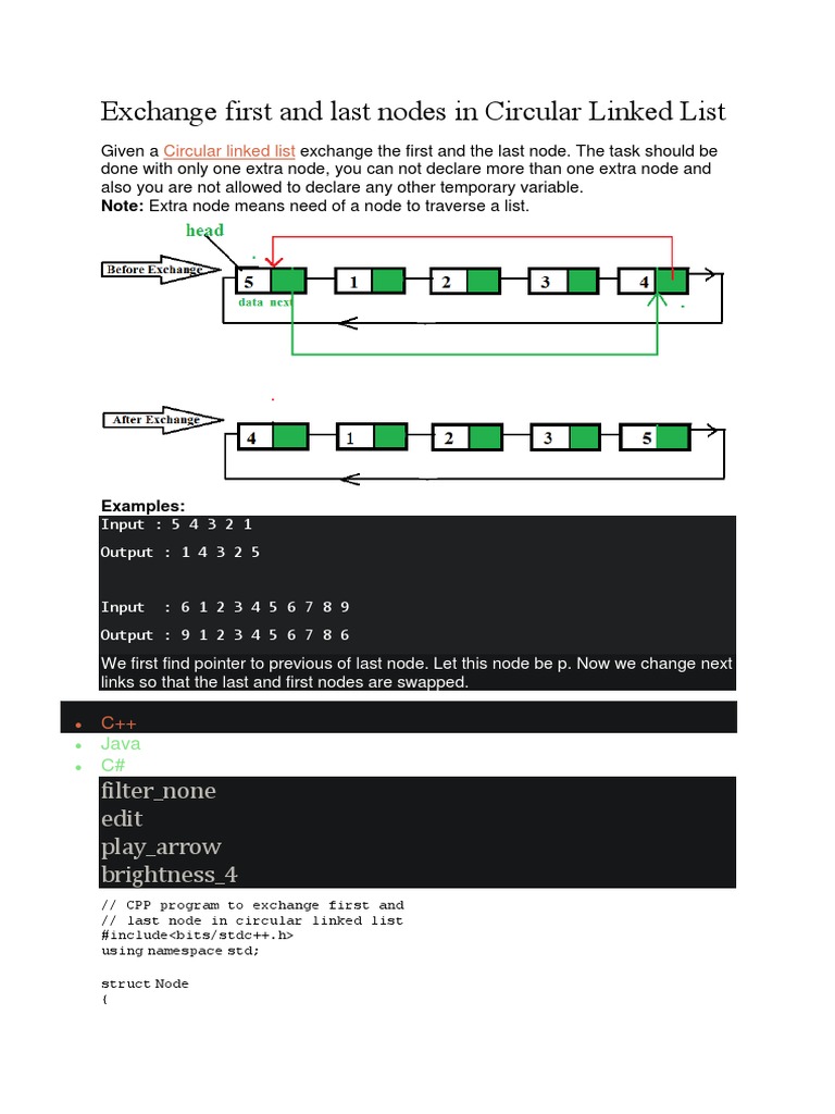 Exchange First and Last Nodes in Circular Linked List: Filter - None Edit Play - Arrow ...