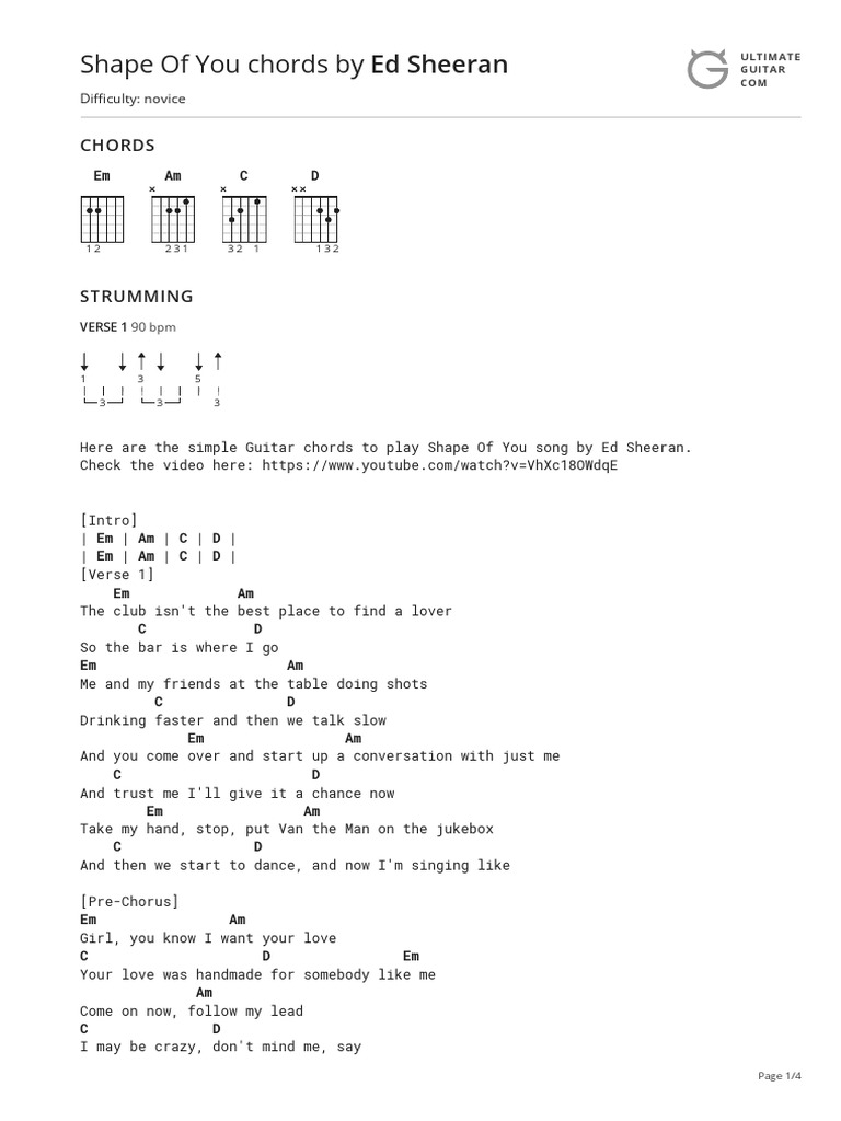 Easy Guitar Chords for "Shape of You" | PDF | Number One Singles ...