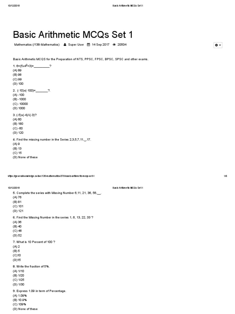 Basic Arithmetic Mcqs Set 1 | PDF | Percentage