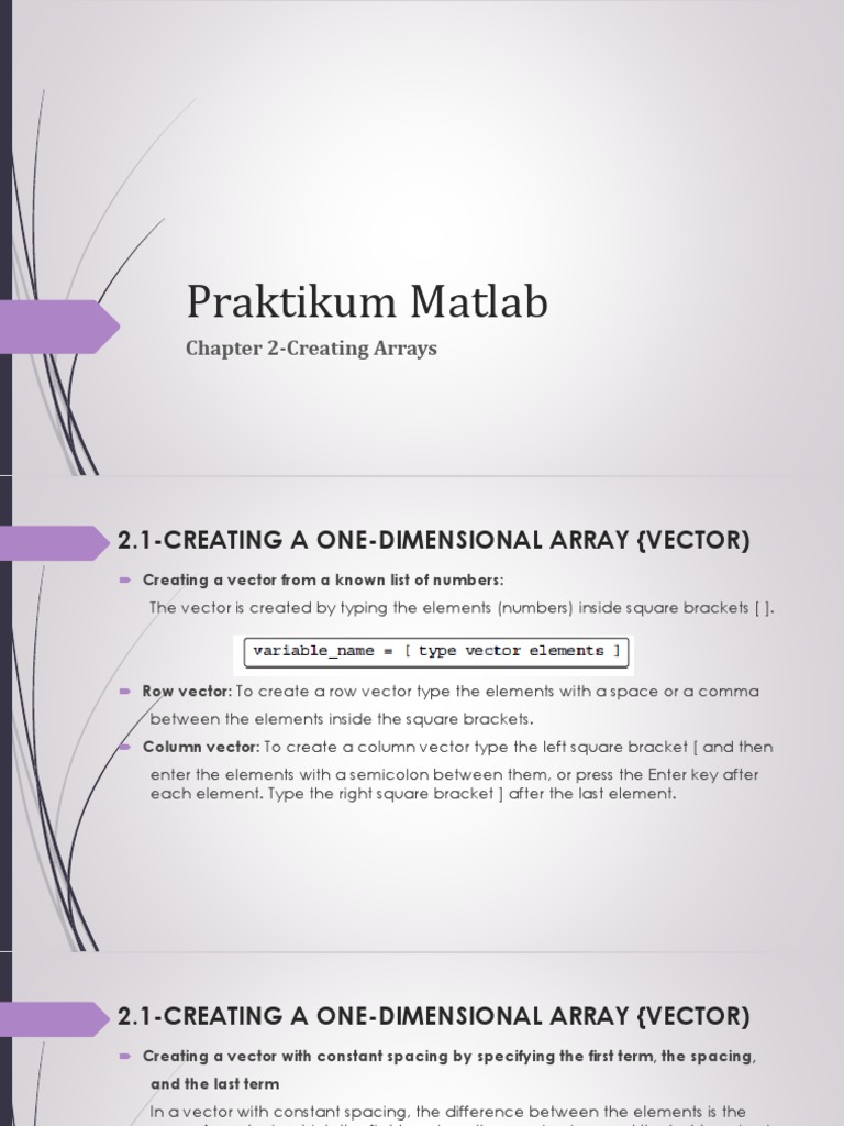 Praktikum Matlab: Chapter 2-Creating Arrays | PDF | Array Data Structure | Matrix (Mathematics)