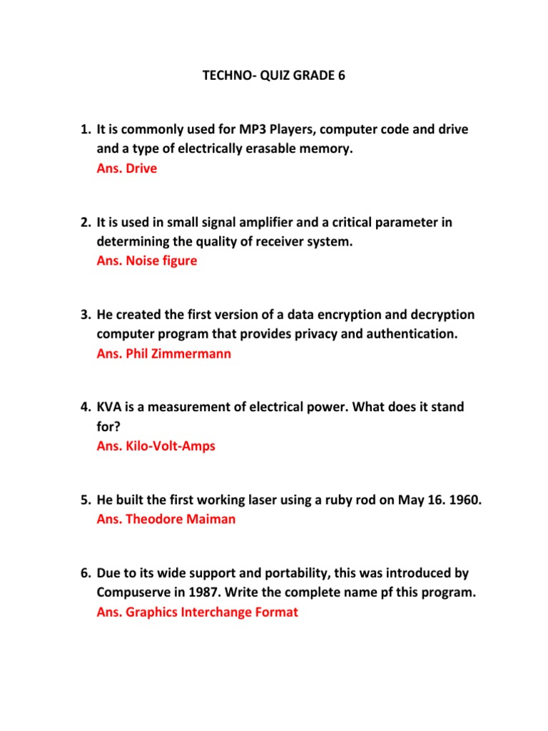 Grade 6 Tech Quiz Questions and Answers | PDF