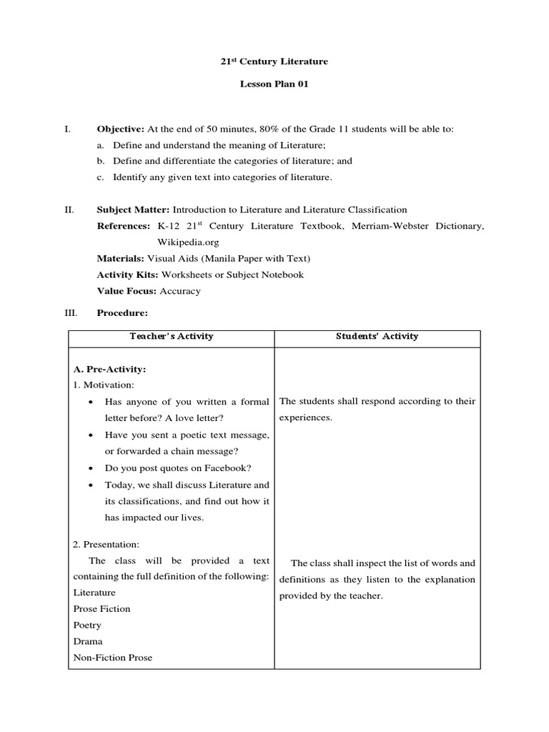 Lesson Plan 01 - Introduction To Literature | PDF | Lesson Plan | Poetry