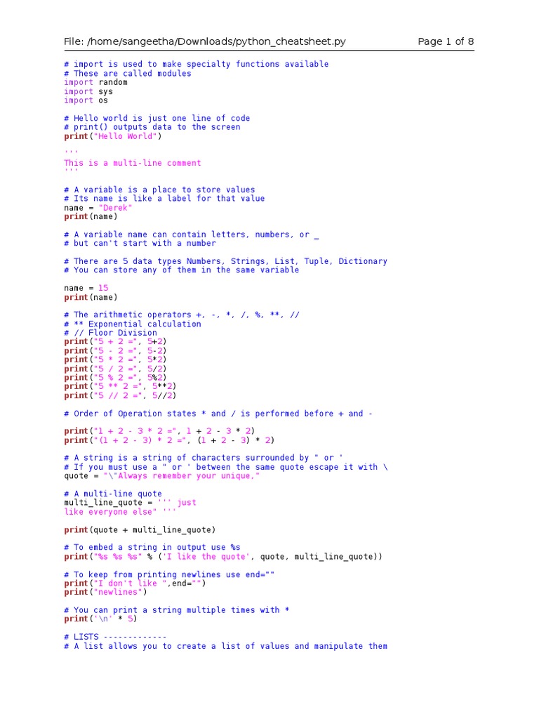 File: /home/sangeetha/downloads/python - Cheatsheet - Py Page 1 of 8 ...
