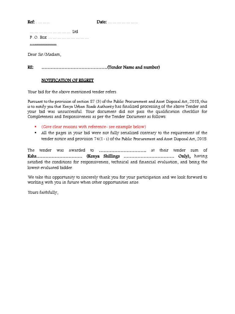 Regret Notification for Tender Bid | PDF