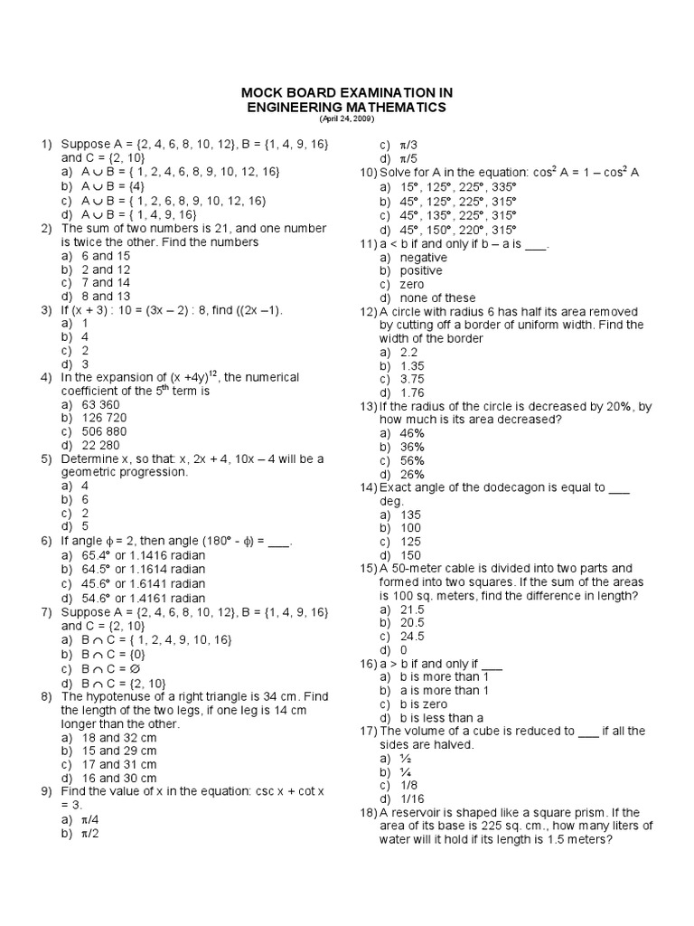 Mock Board Examination in Mathematics A PDF | PDF | Numbers | Area