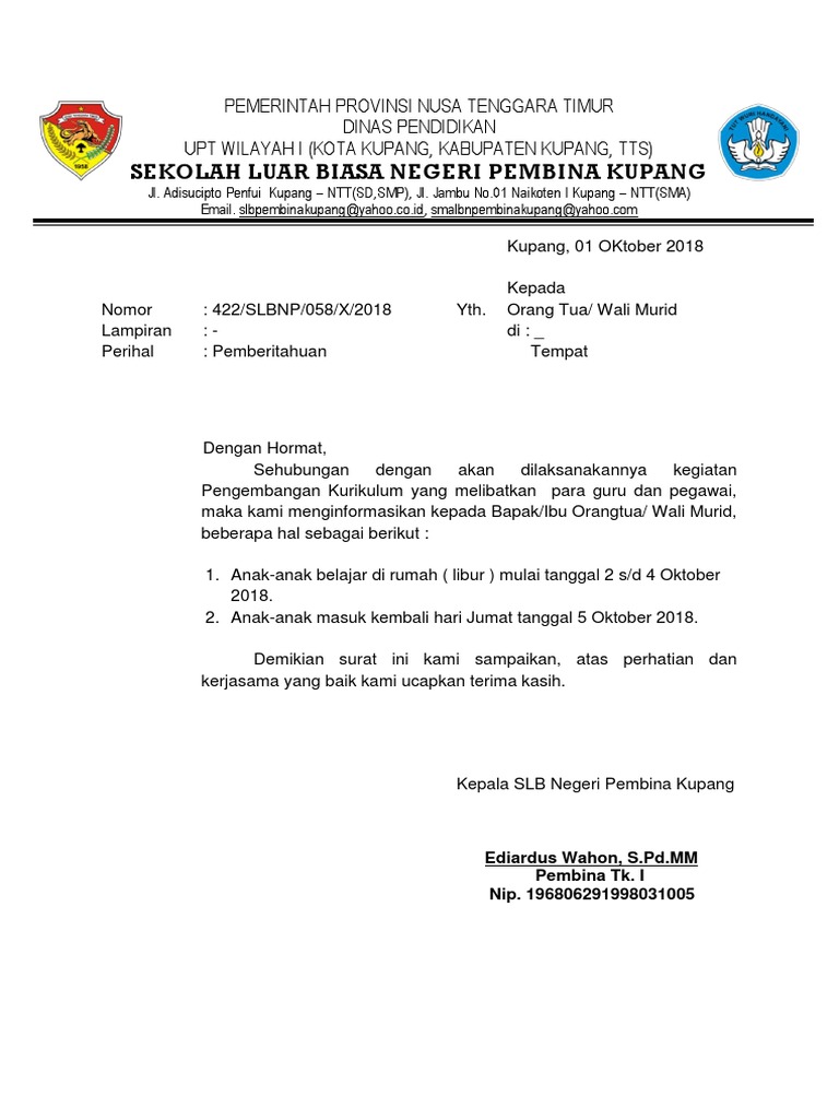 Surat - Pemberitahuan Libur | PDF