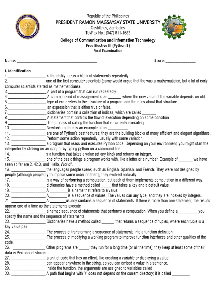 Final Examination (Free Elective 3) | PDF | Subroutine | Computer Program